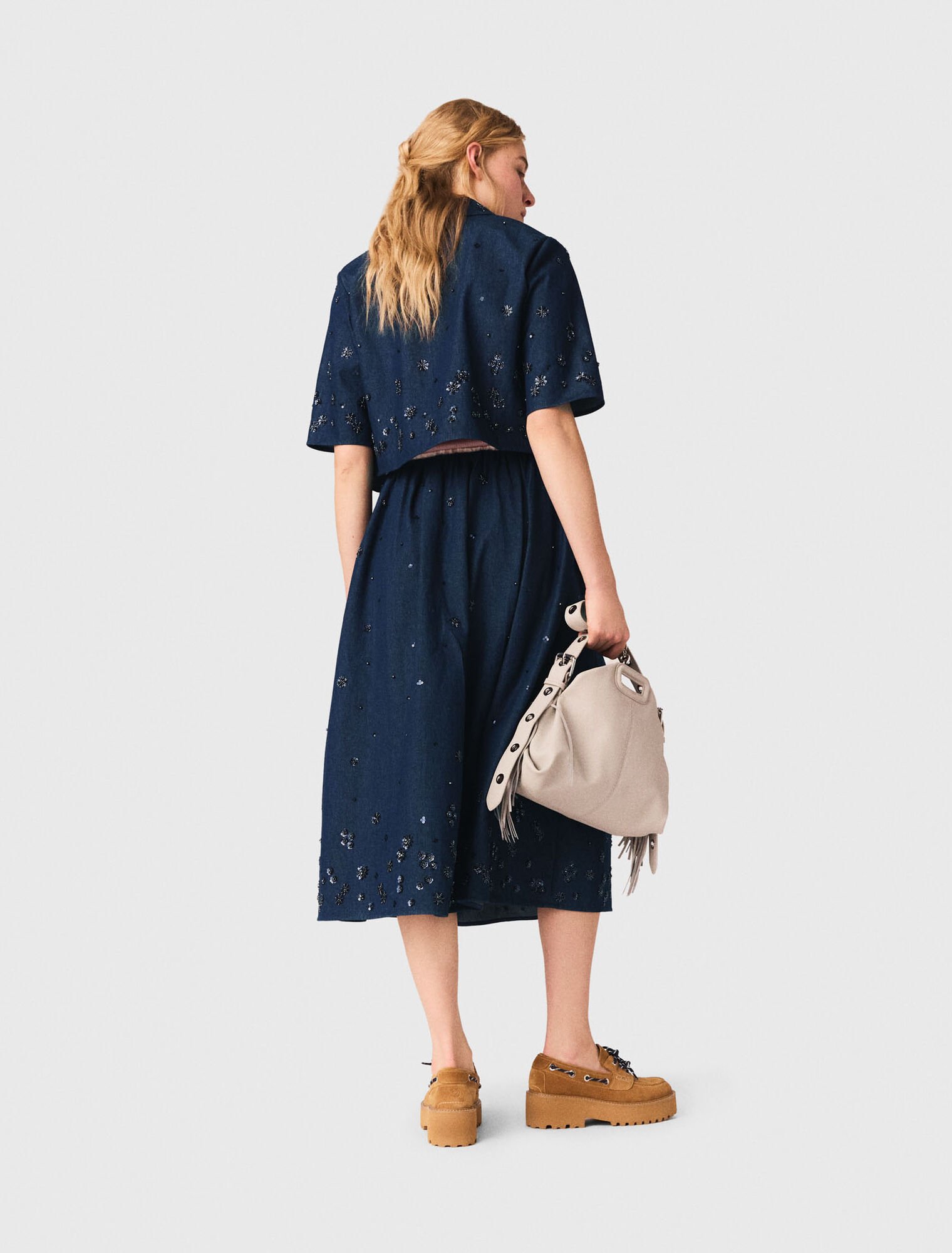 Embroidered cropped denim shirt Blue for Women | Maje