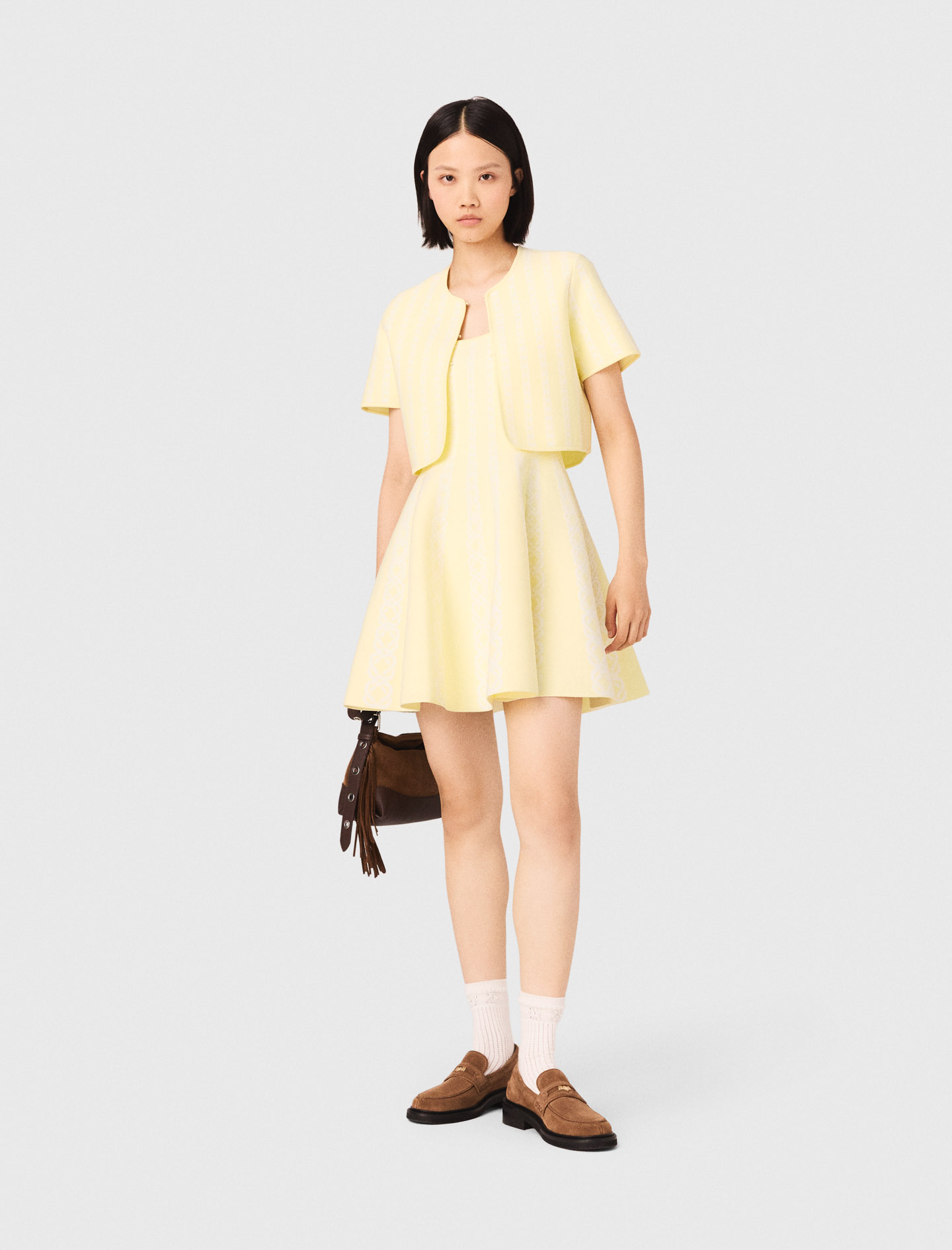 Cropped fancy knit cardigan Pale Yellow for Women | Maje