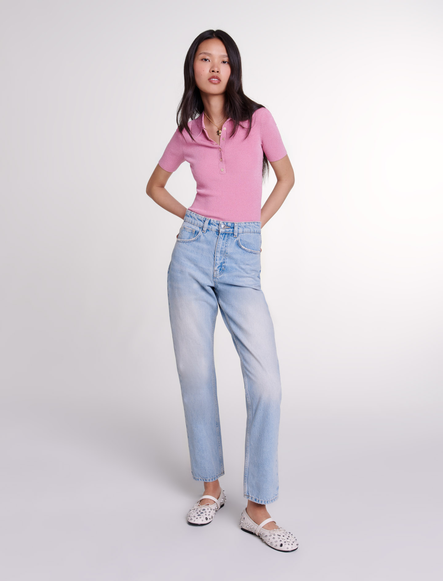 Sparkly knit polo shirt Pale Pink for Women | Maje