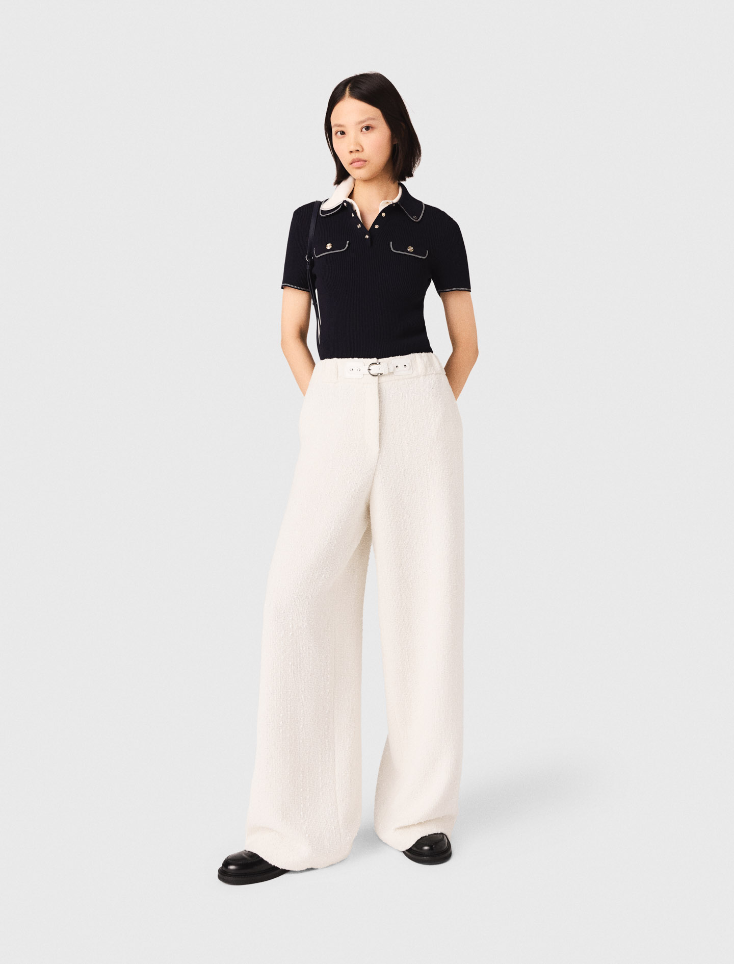 Wide-leg tweed trousers Ecru for Women | Maje